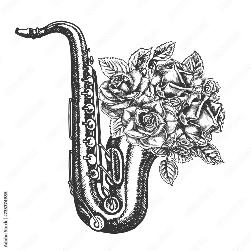 Saxophone decorated with roses, graphic vector black and white ...