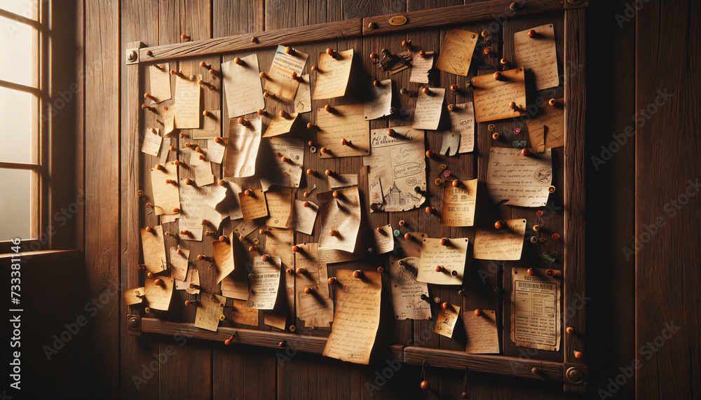 Vintage wooden bulletin board with hand-written notes and flyers in a ...