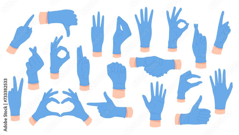 Different gestures of doctors hands in blue rubber gloves set. Body ...