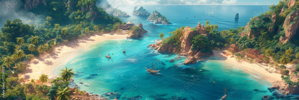 Aerial view of a hidden tropical bay with crystal blue waters, white ...