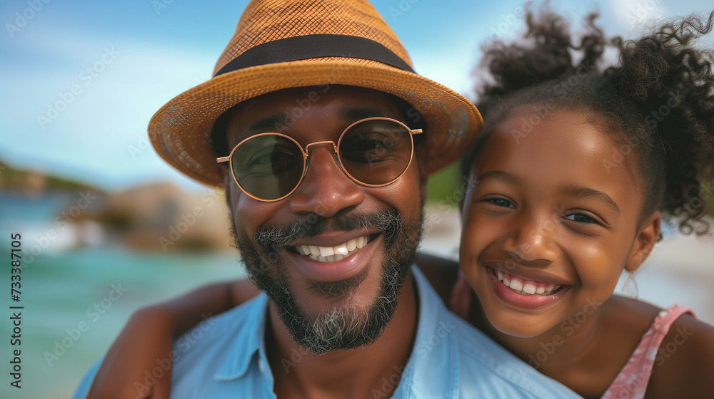 Foto de Carefree black father and daughter relaxing on a beach during ...