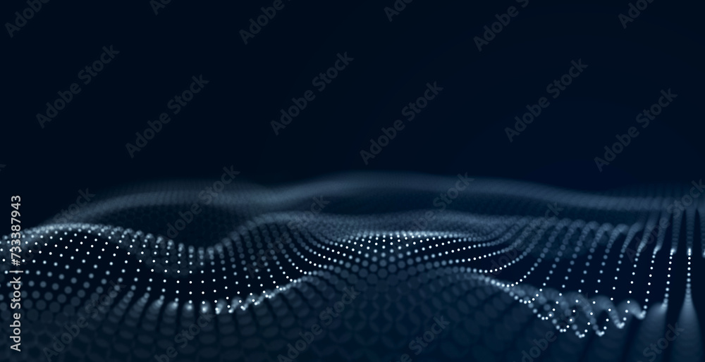 Abstract background grid of interlacing lines and dots. Futuristic blue particle wave. Structure ...