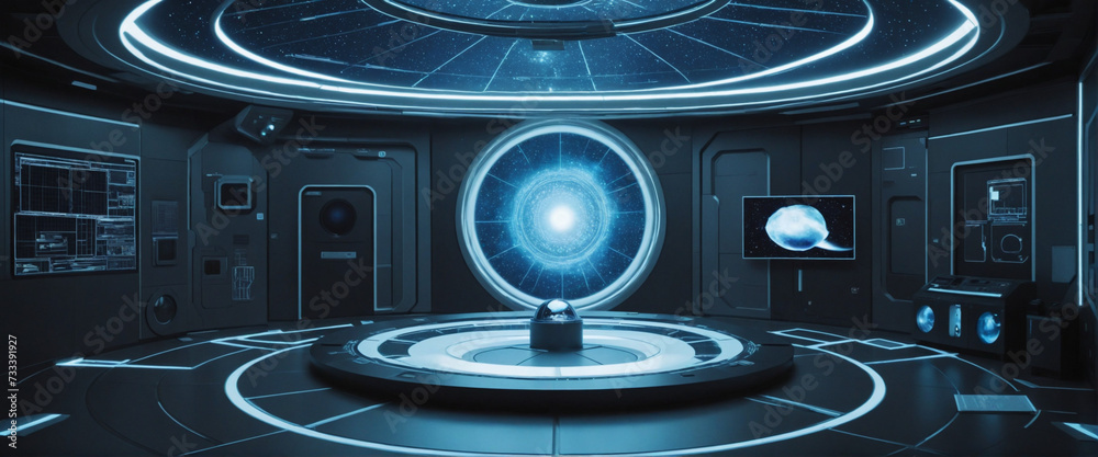 Sci-fi style room. Elemental simulation room. Galaxy navigation room ...