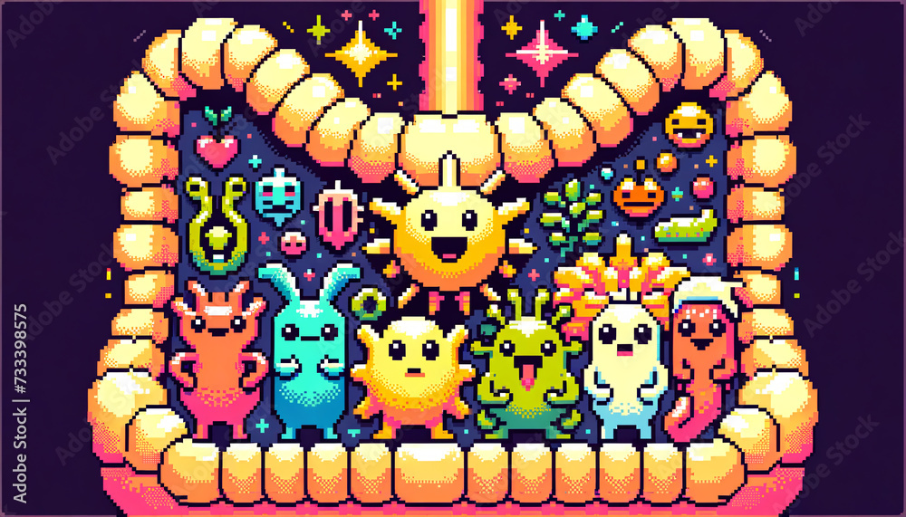 Whimsical 8-bit pixel art scene featuring friendly probiotic characters ...