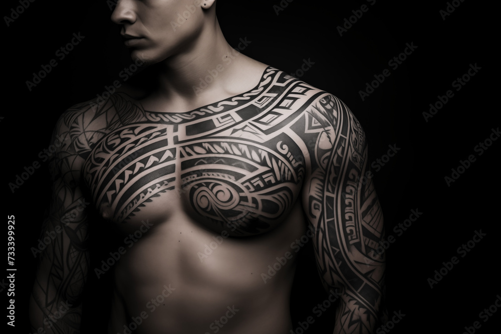 Black tribal tattoo on skin. Black tribal tattoo on chest. Men's tattoo, tribal. Tribal tattoo ...