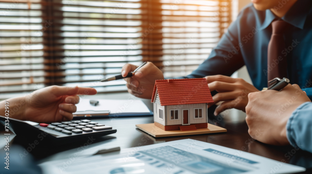 individuals involved in a real estate transaction with a calculator ...