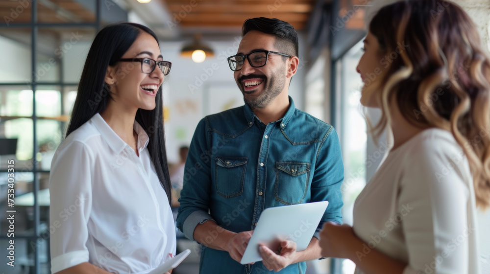 Two professionals holding tablets are engaged in a cheerful ...