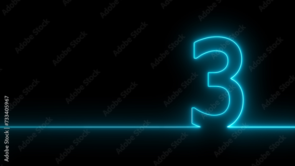 Neon digit 3 with alpha channel, number ONE. Animation Neon light blue ...