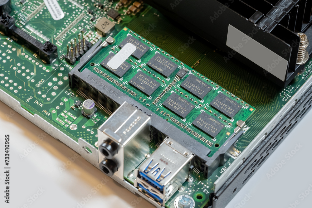 Small size RAM modules securely installed on a desktop PC motherboard ...