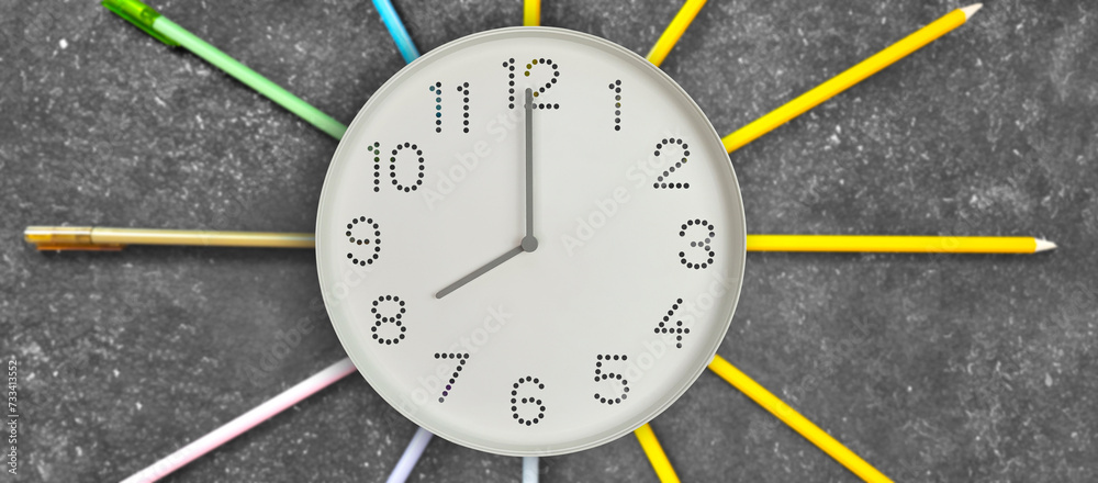 8 o'clock. Banner. Study or business time. Clock with white clock face ...