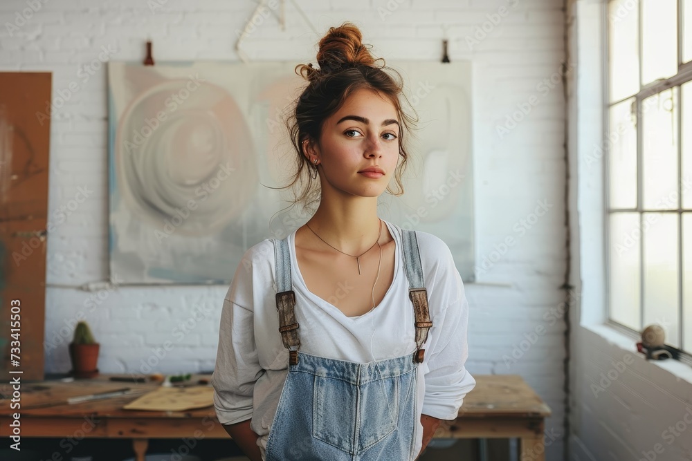 A stylish woman in overalls confidently poses in front of a vibrant ...