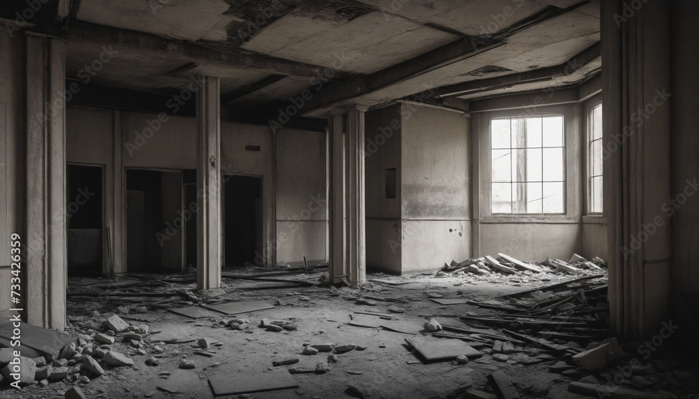 Inside a dark and dim abandoned or destroyed building. Crumbling ...
