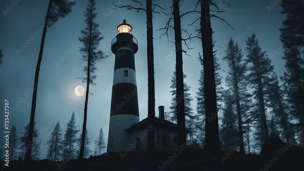 in the woods A scary lighthouse in a dark forest, with , trees, and a moon. Stock Illustration ...