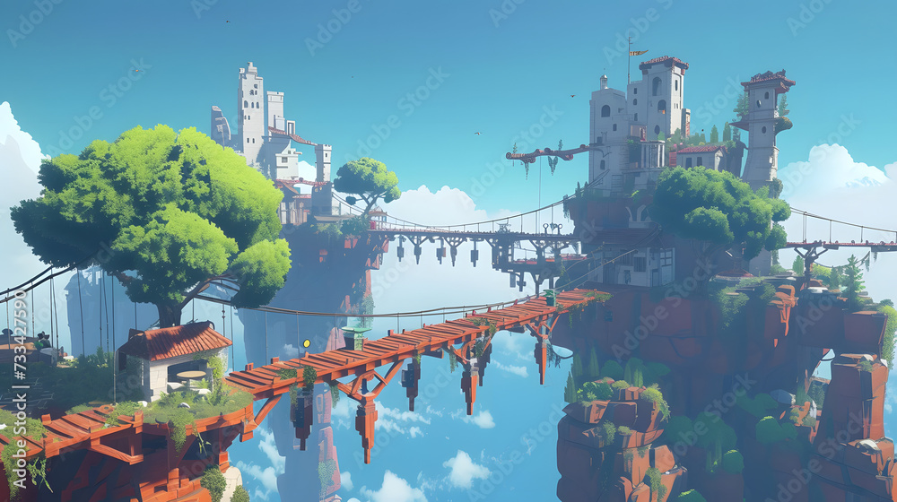 sky islands connected by floating bridges, concept art, video game ...