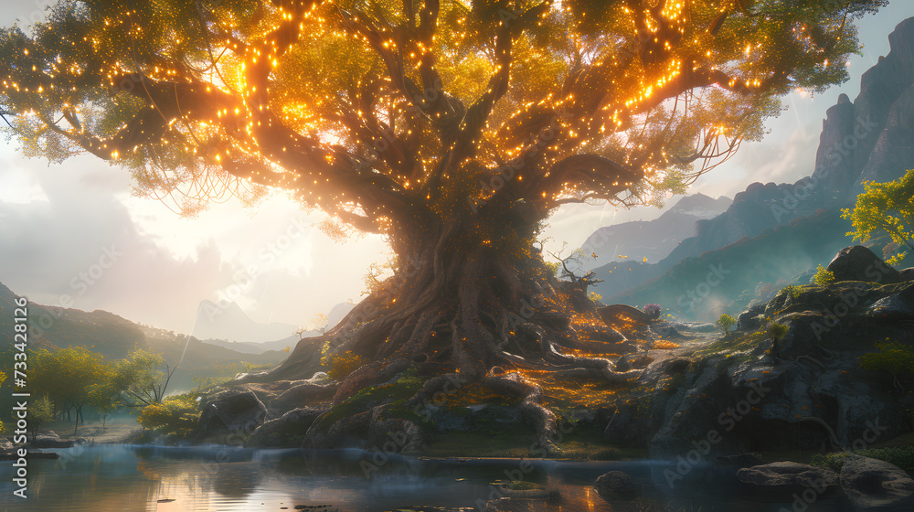giant mystical tree serving as a hub, concept art, video game concept ...