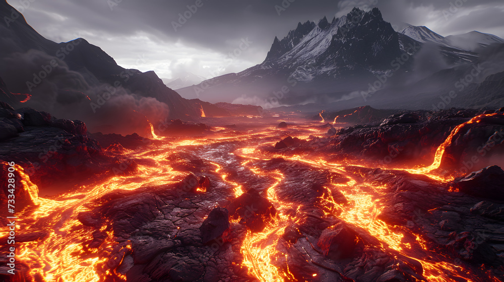 volcanic landscape with flowing lava rivers, concept art, video game ...