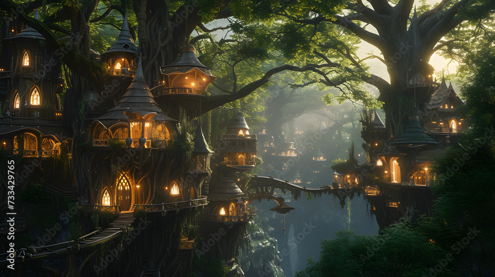 Illustrazione Stock tree city in the heart of a mystical forest ...