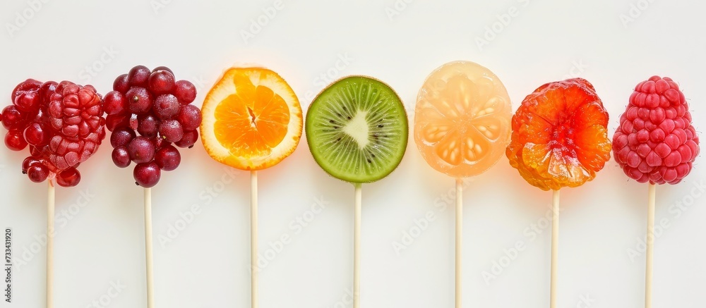 A row of lollipops featuring various types of fruit as ingredients ...