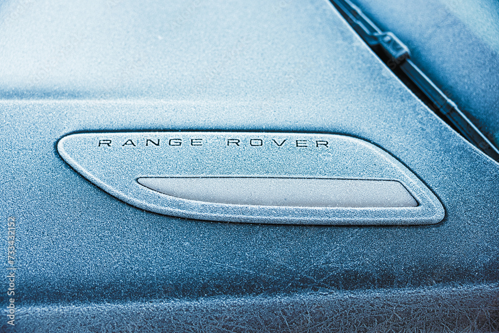 Gaydon, UK - Feb 11 2024 : Frozen detail closeup of a Range Rover velar ...