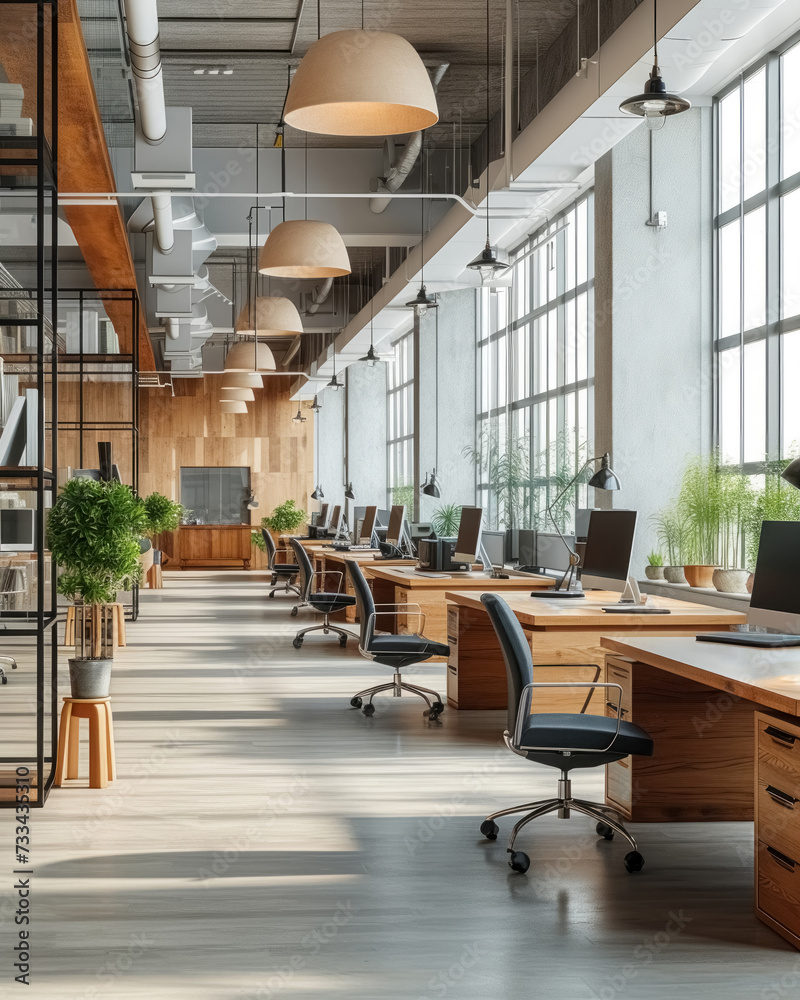 Empty modern bright open space business office with wooden furniture ...