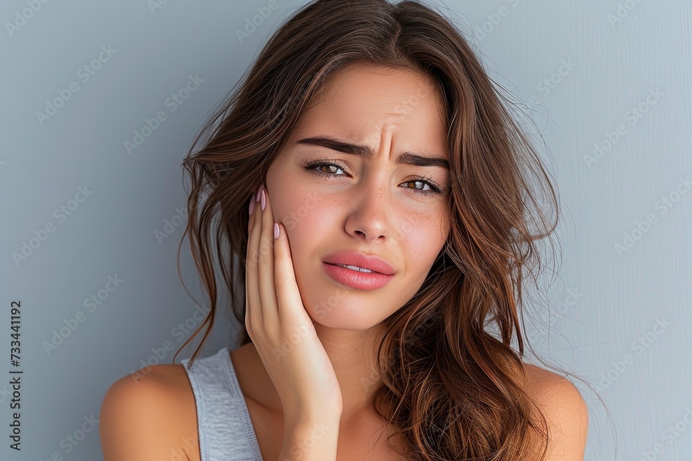 A woman with a toothache tries to maintain a composed smile during a ...