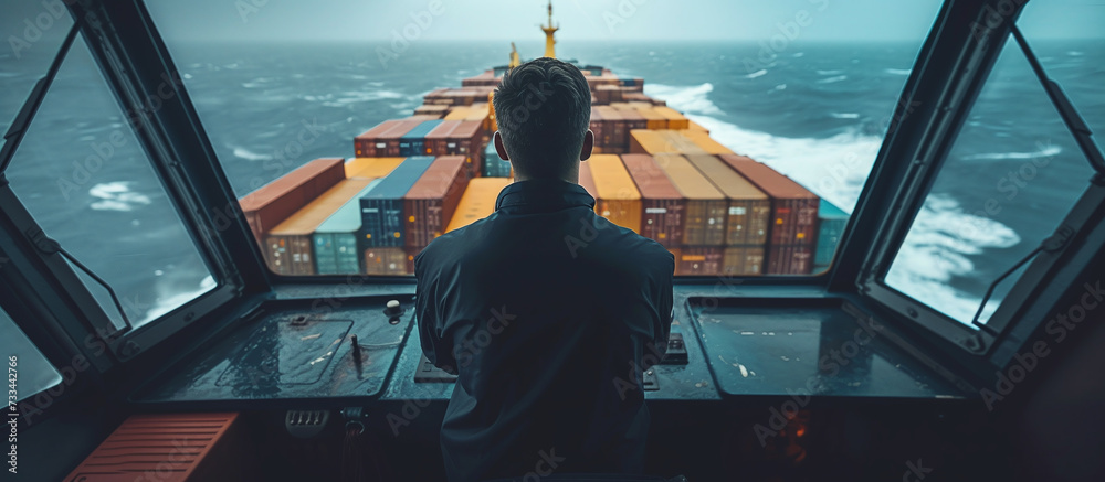 The captain of a commercial container ship looks out to sea from the ...