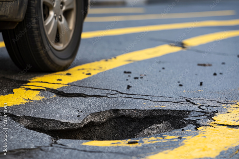 A close-up of a pothole on a city street marked with yellow lines, with ...
