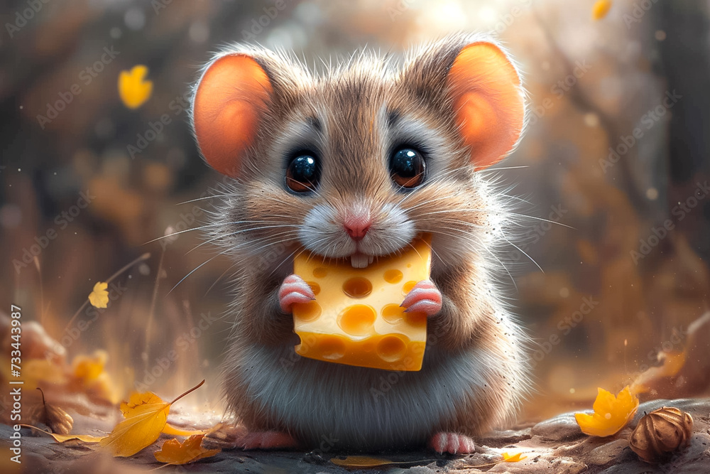 Funny cute chinchilla mouse with peace of cheese, cute cartoon style ...