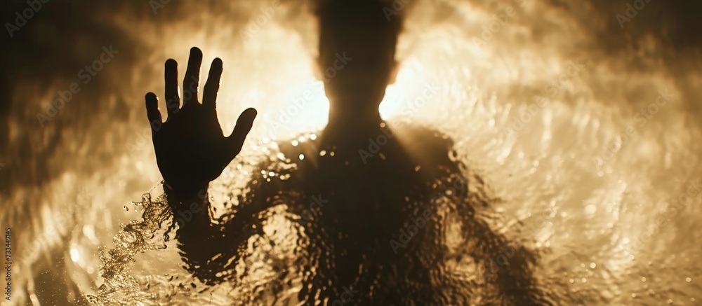 A figure in the shadows with a hand pressed against a glass, creating a ...