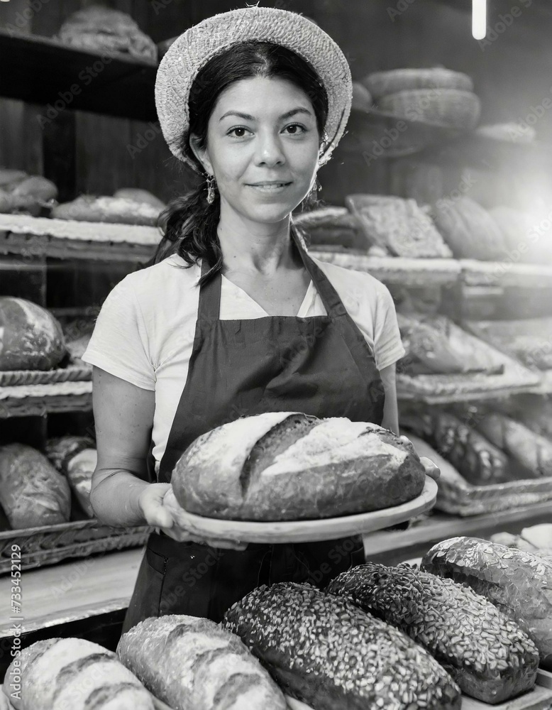 Beautiful young woman selling bread in a bakery. Vintage image in black ...