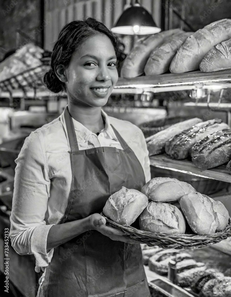 Beautiful young woman selling bread in a bakery. Vintage image in black ...