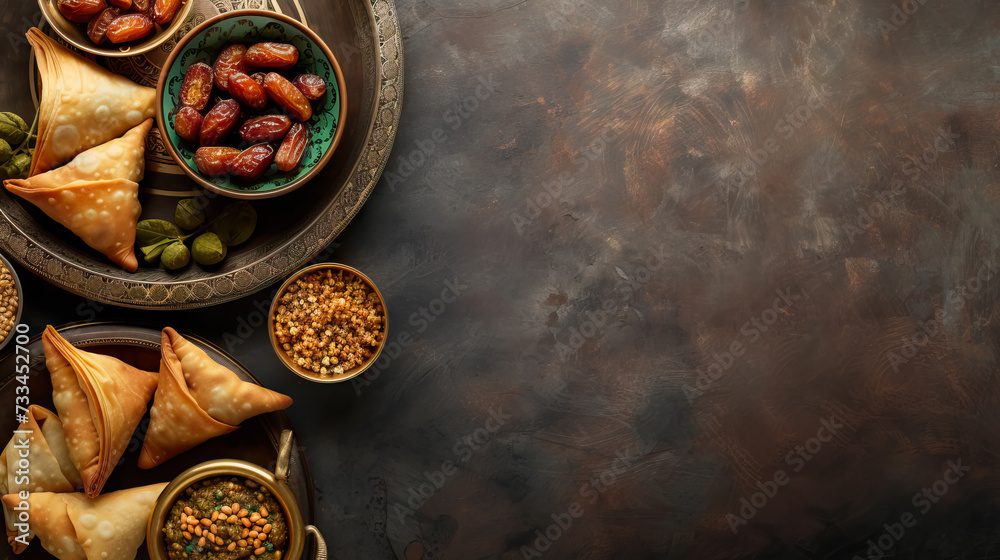 top view, flat lay, Dates, Samosas, Haleem, Baklava, Qatayef, Fattoush ...