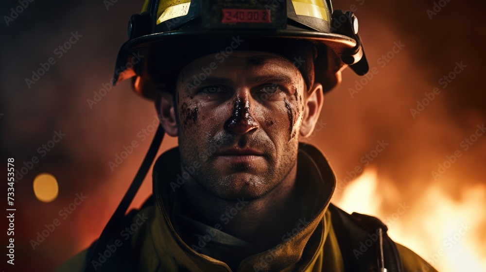 Tired firefighter wearing a helmet. Portrait. Fireman at work. Burning ...