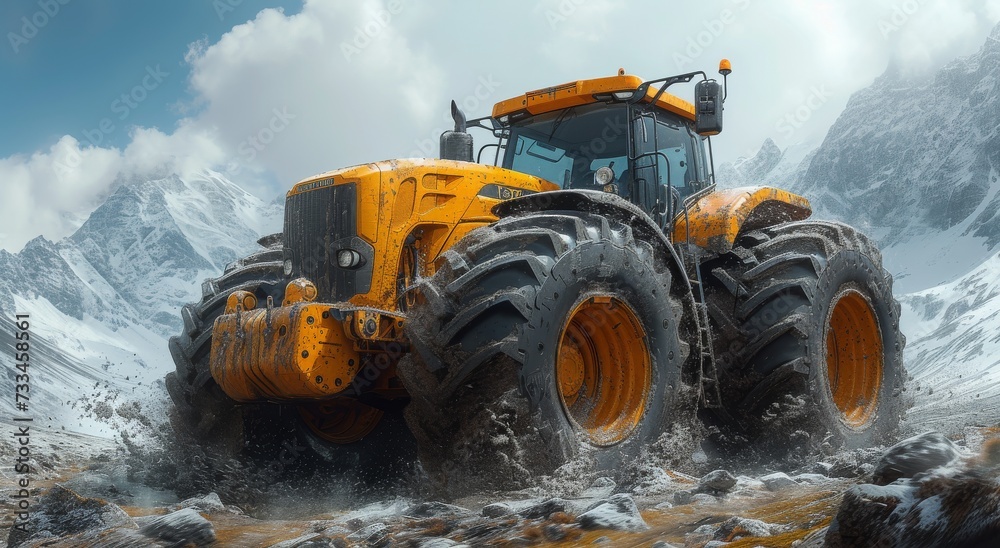 A resilient yellow tractor braves the treacherous mountain terrain ...