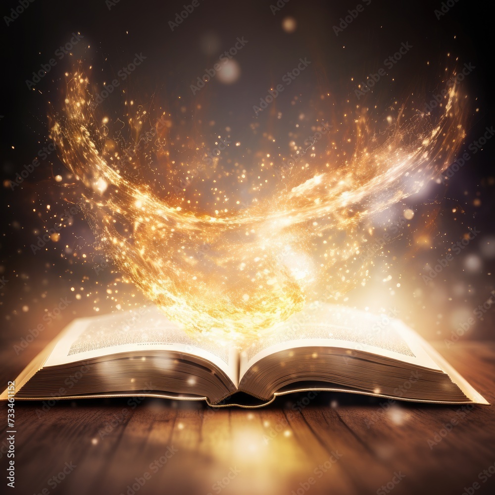 Open book with light rays coming out of the pages, fantasy concept ...