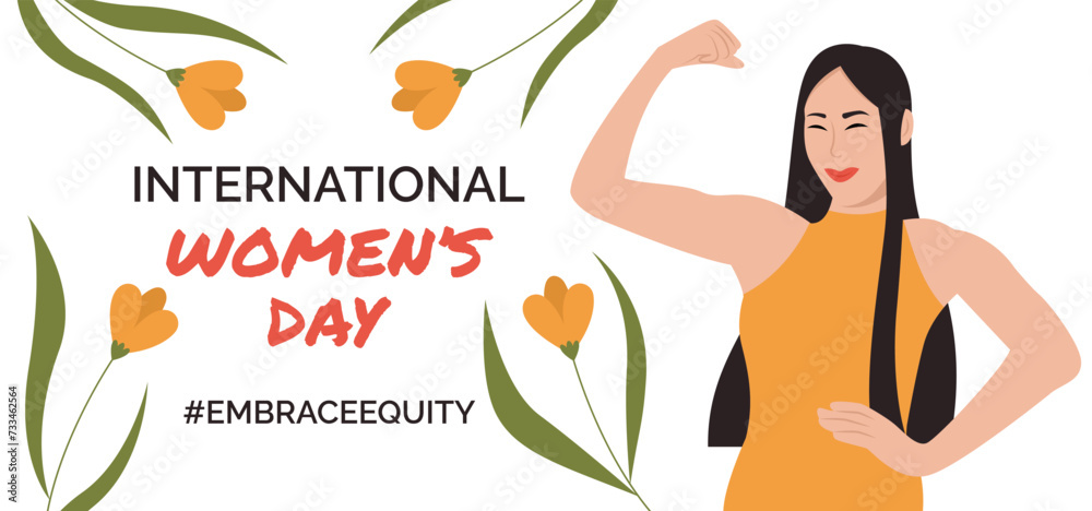 Festive banner for International Women's Day with strong woman showing ...