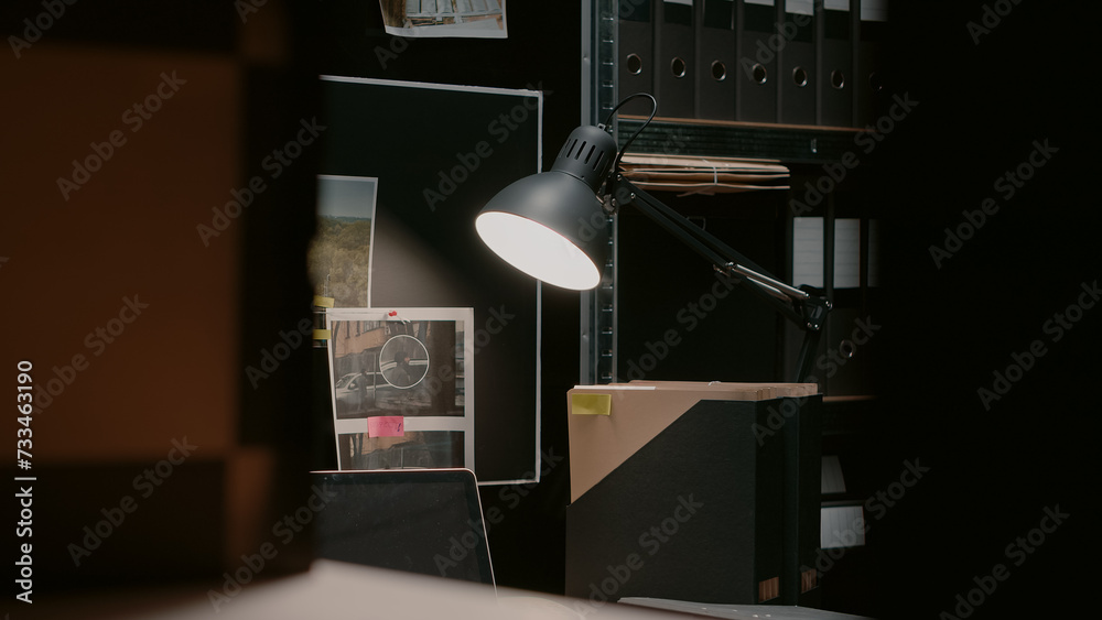 Empty incident room filled with clues and case files, evidence map with ...