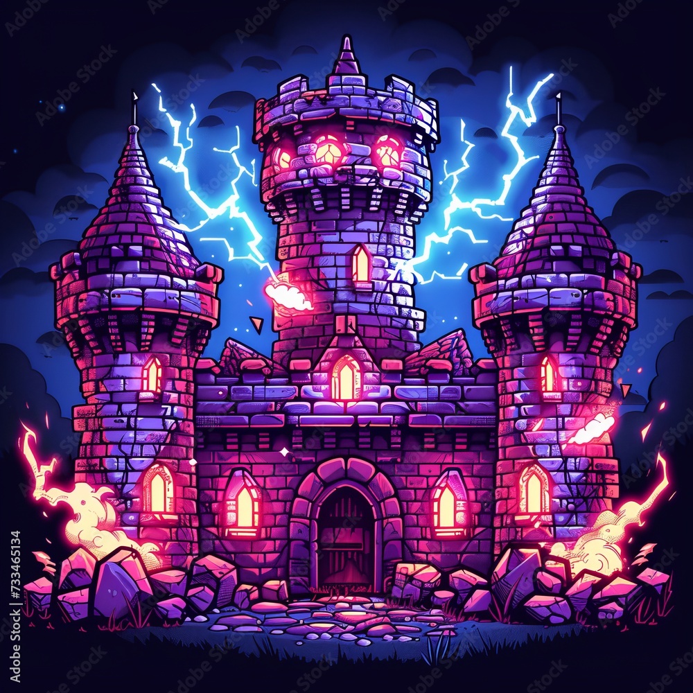 Pixel Art Castle with Magical Blue Flames and Lightning Stock ...