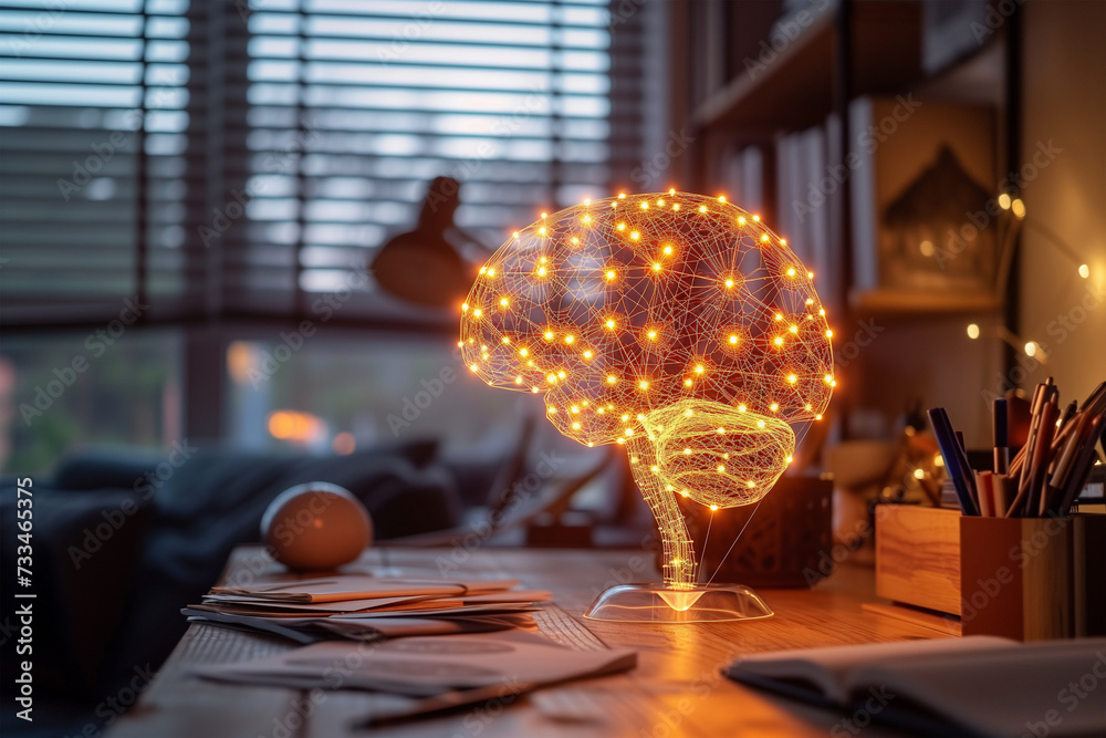 Illuminated wireframe brain lamp on a desk Generative AI image Stock ...