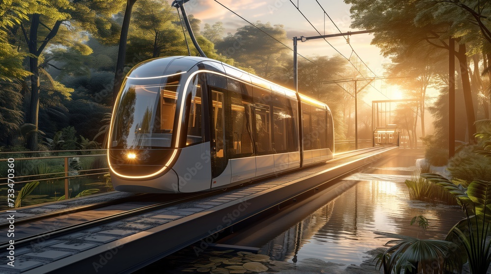 Future of transit: solar-powered tram crossing a scenic urban bridge ...