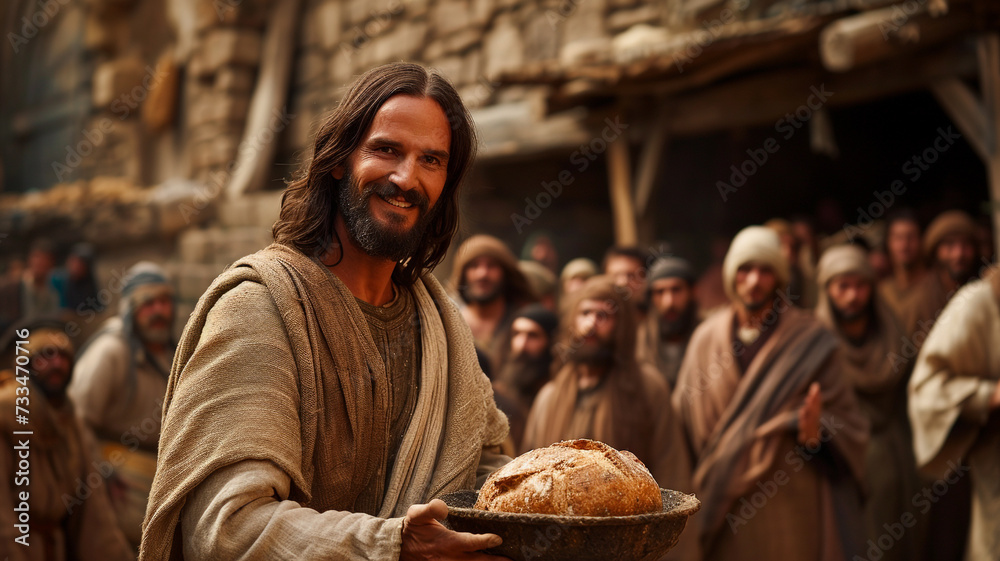 Jesus Christ gives bread to poor people, kindness and selflessness ...