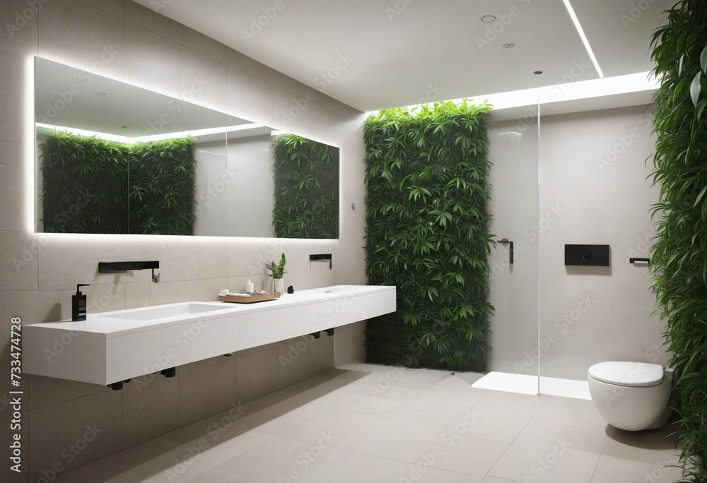 Eco-friendly modern restroom with lush greenery. Clean and green ...