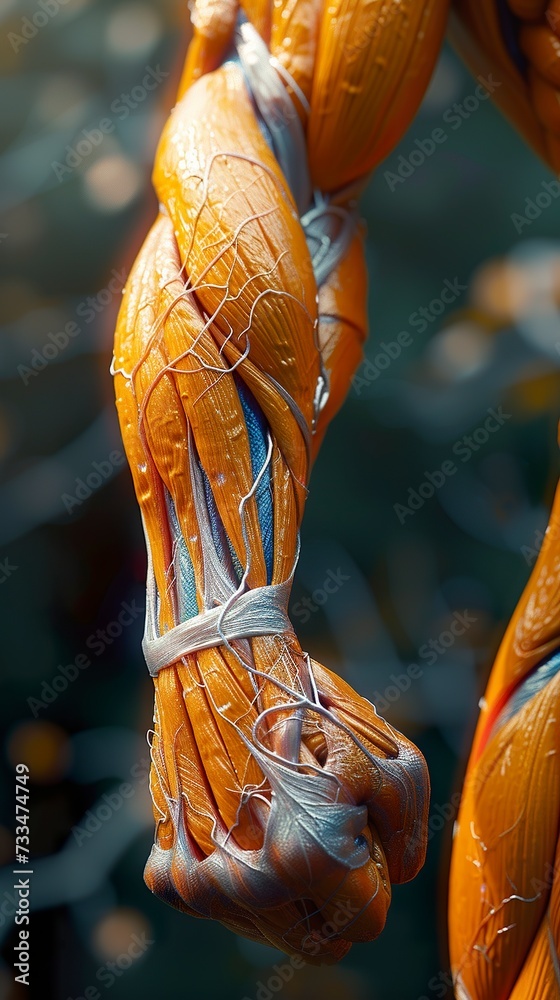 A detailed representation of a man's arm muscles displays the ...