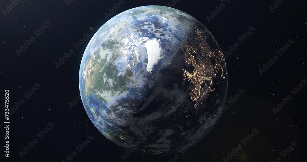 3D animation 4K of the earth globe from space. Transition from daytime ...