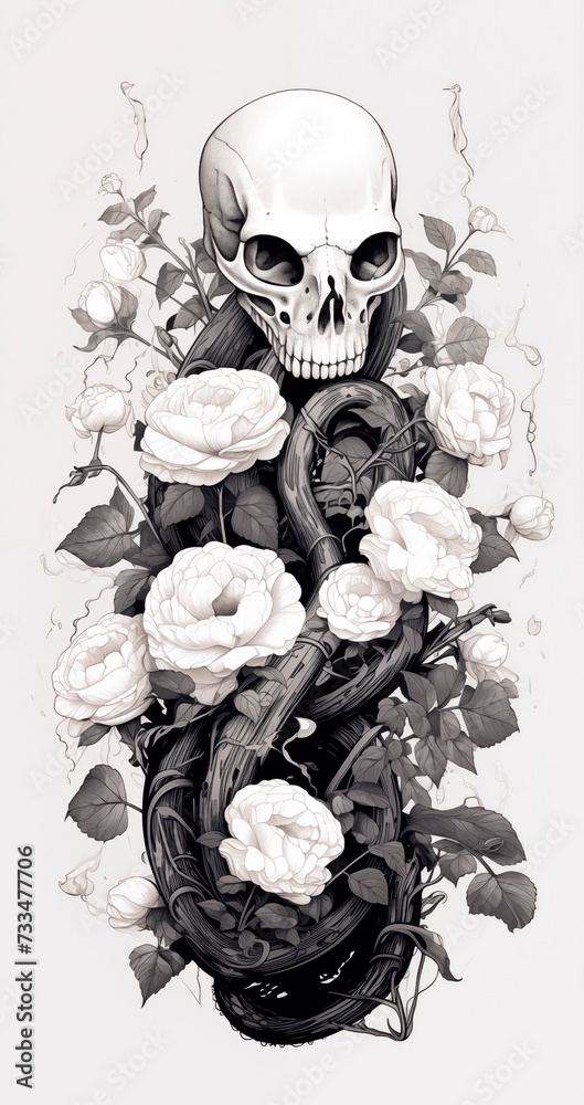 Drawing for a tattoo, roses, snake and monster skeleton. Black and ...