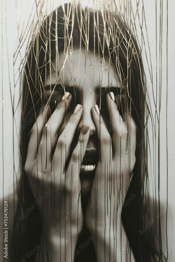 A young girl seeks refuge from the world, her hands shielding her ...