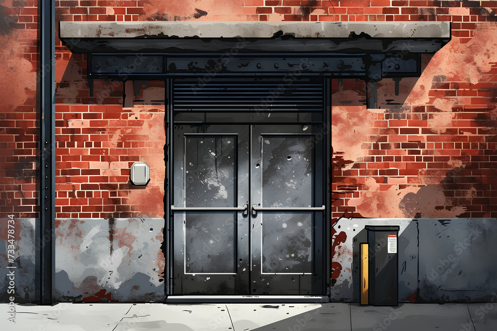 Illustrate an industrial-style building entrance with exposed brick ...