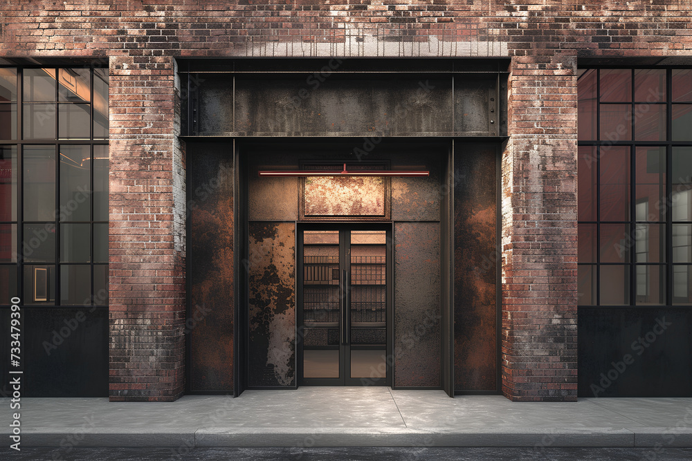 Illustrate an industrial-style building entrance with exposed brick ...