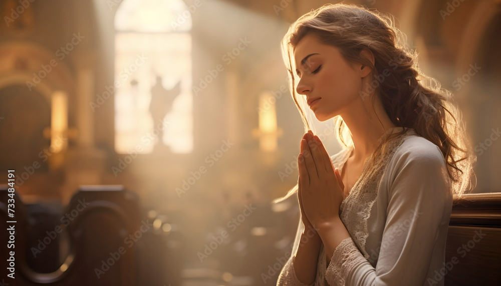 Beautiful woman sat on a pew in church with hands in prayer position ...