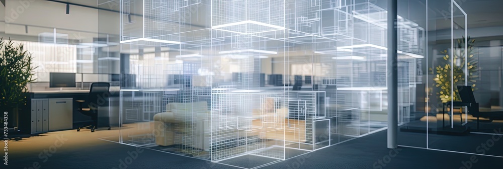 Corporate office cubicle with digital data overlay for virtual reality ...